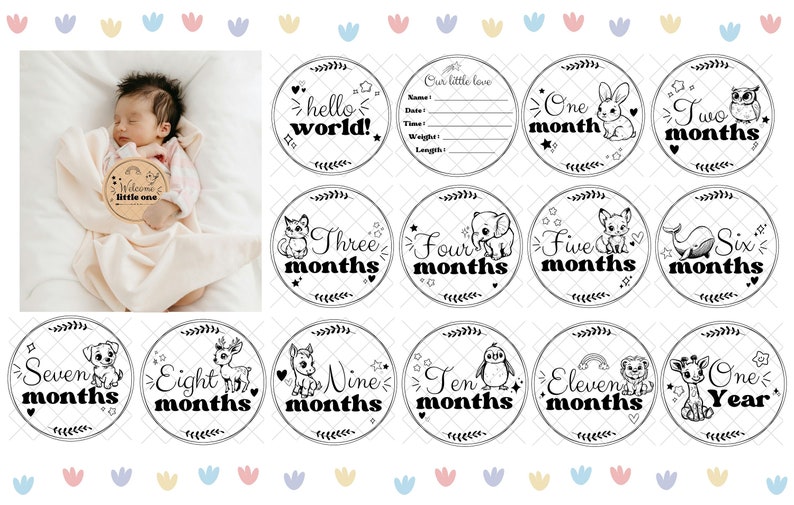 Baby Milestone Rounds: Animal Designs, Newborn Stats (PNG) - Etsy