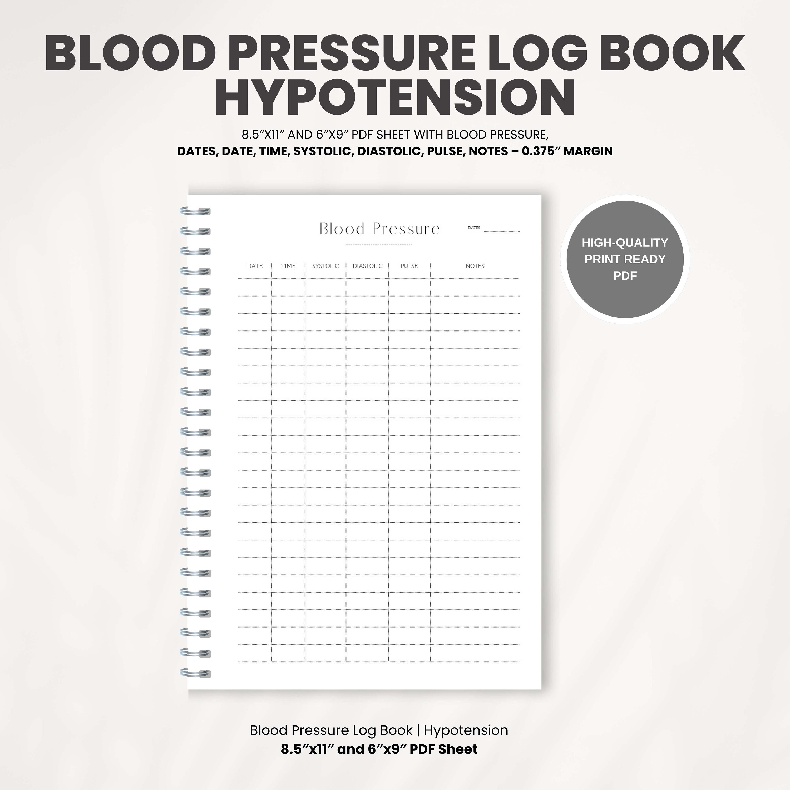 Printable Blood Pressure Log Book, Hypertension & Hypotension Tracker ...