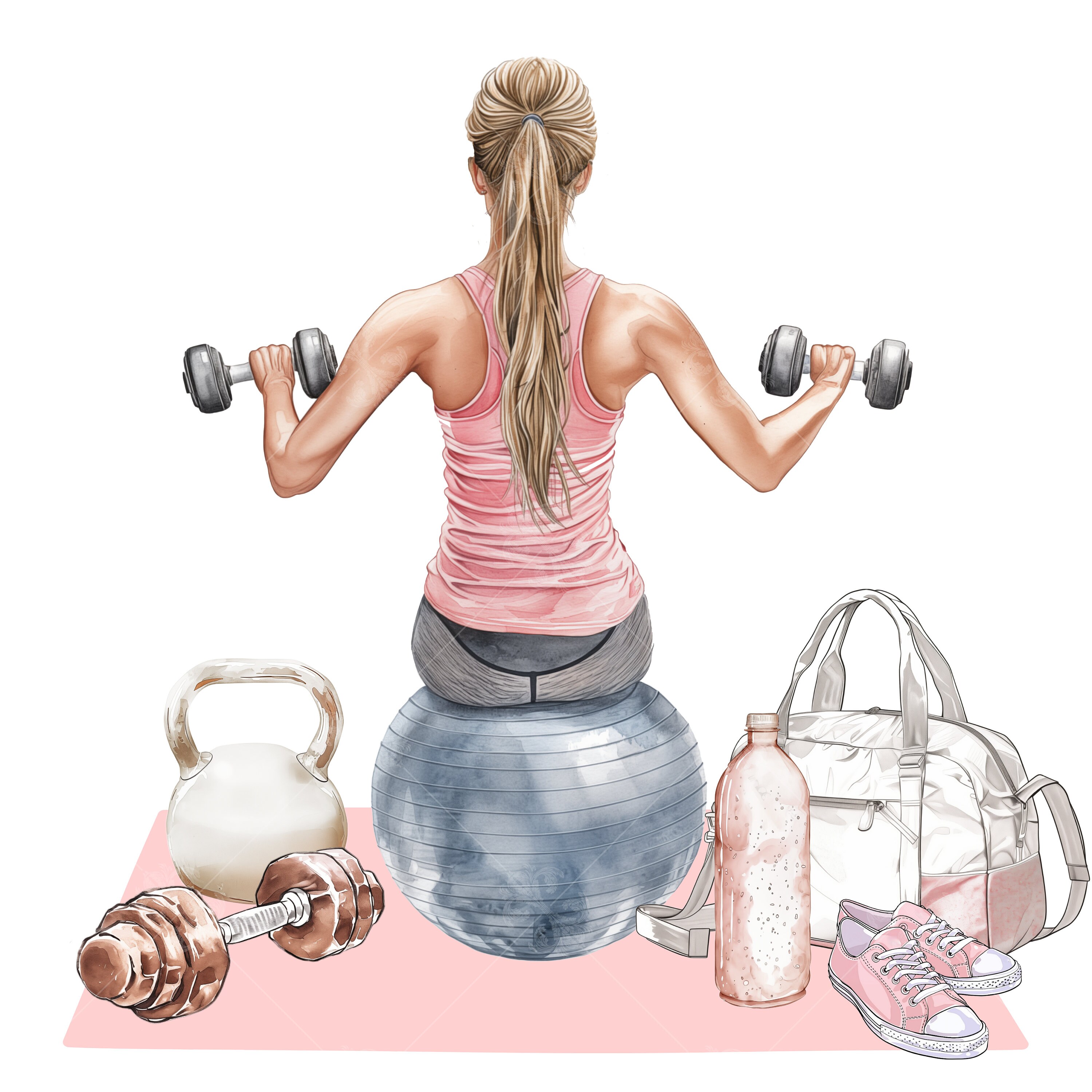 Watercolor Fitness Clipart: 50 Hand-drawn Gym Workout Illustrations ...