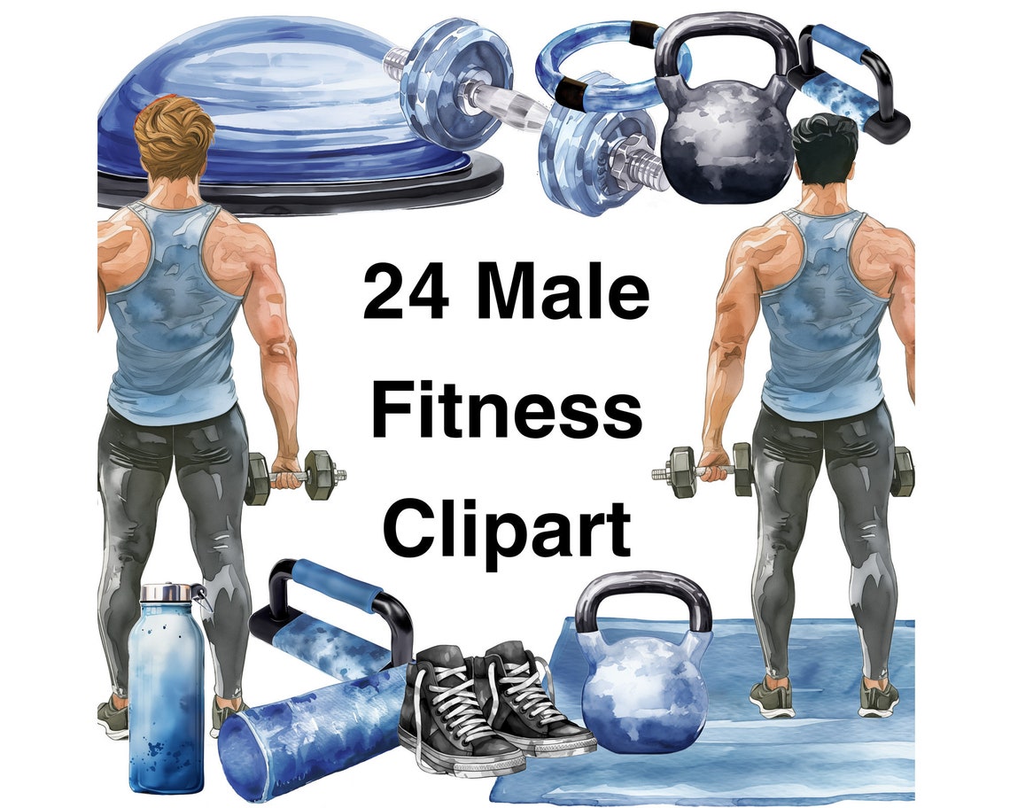 Male Fitness Clipart Gym Workout Digital Design Hand-drawn Watercolor ...