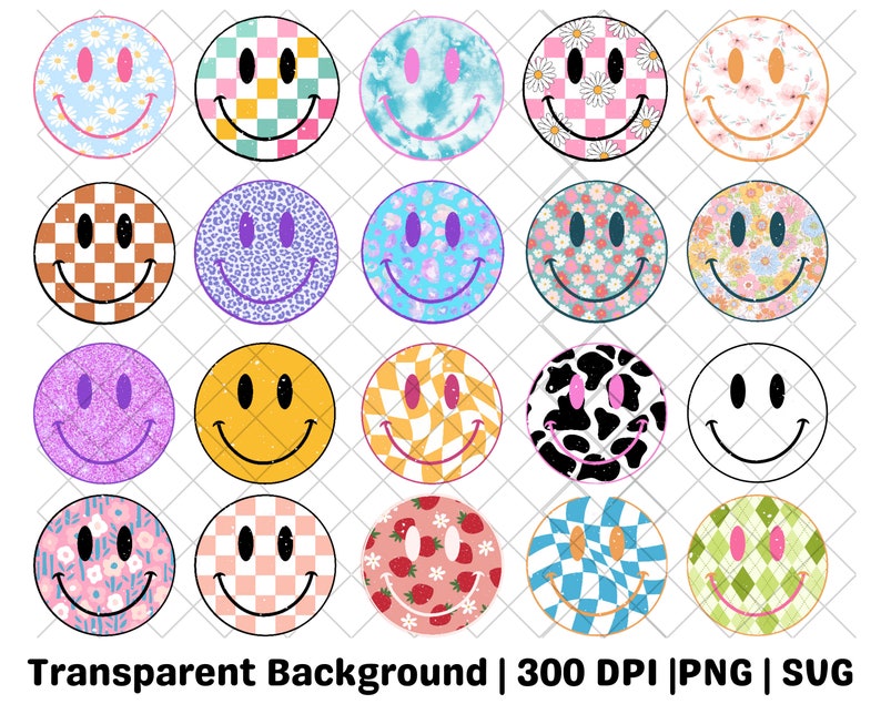 Retro Distressed Smiley Face PNG & SVG Bundle: 20 Designs Each in 300 ...