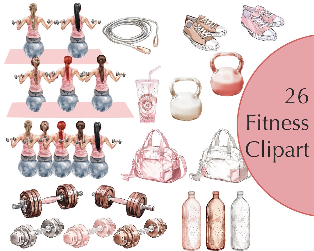 Fitness Watercolor Clipart and Hand-drawn Illustrations: Gym, Exercise ...