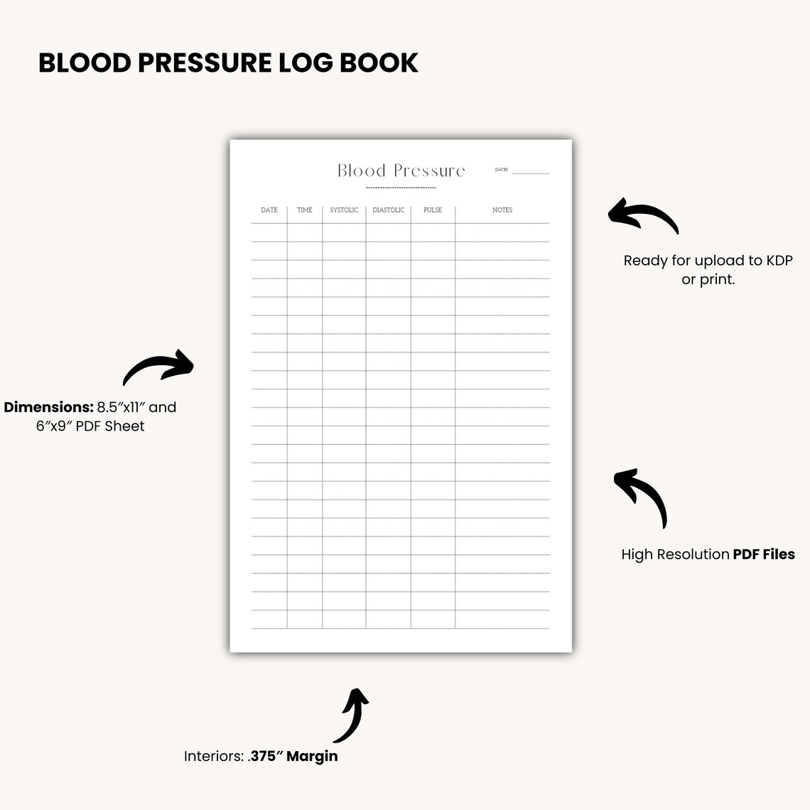 Printable Blood Pressure Log Book, Hypertension & Hypotension Tracker ...