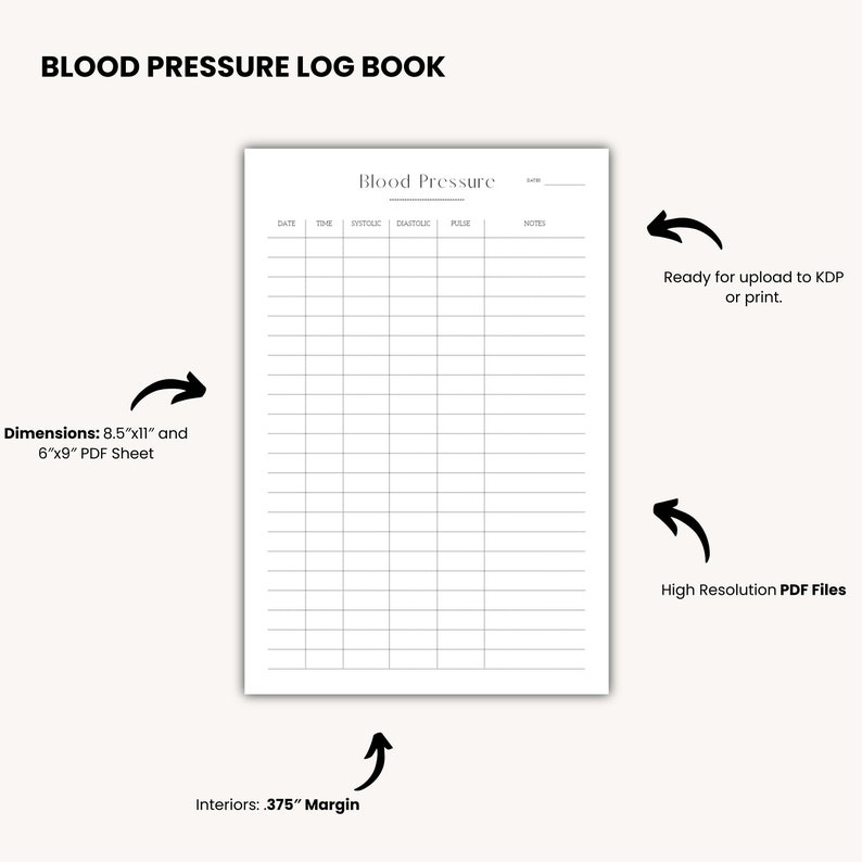 Printable Blood Pressure Log Book, Hypertension & Hypotension Tracker ...