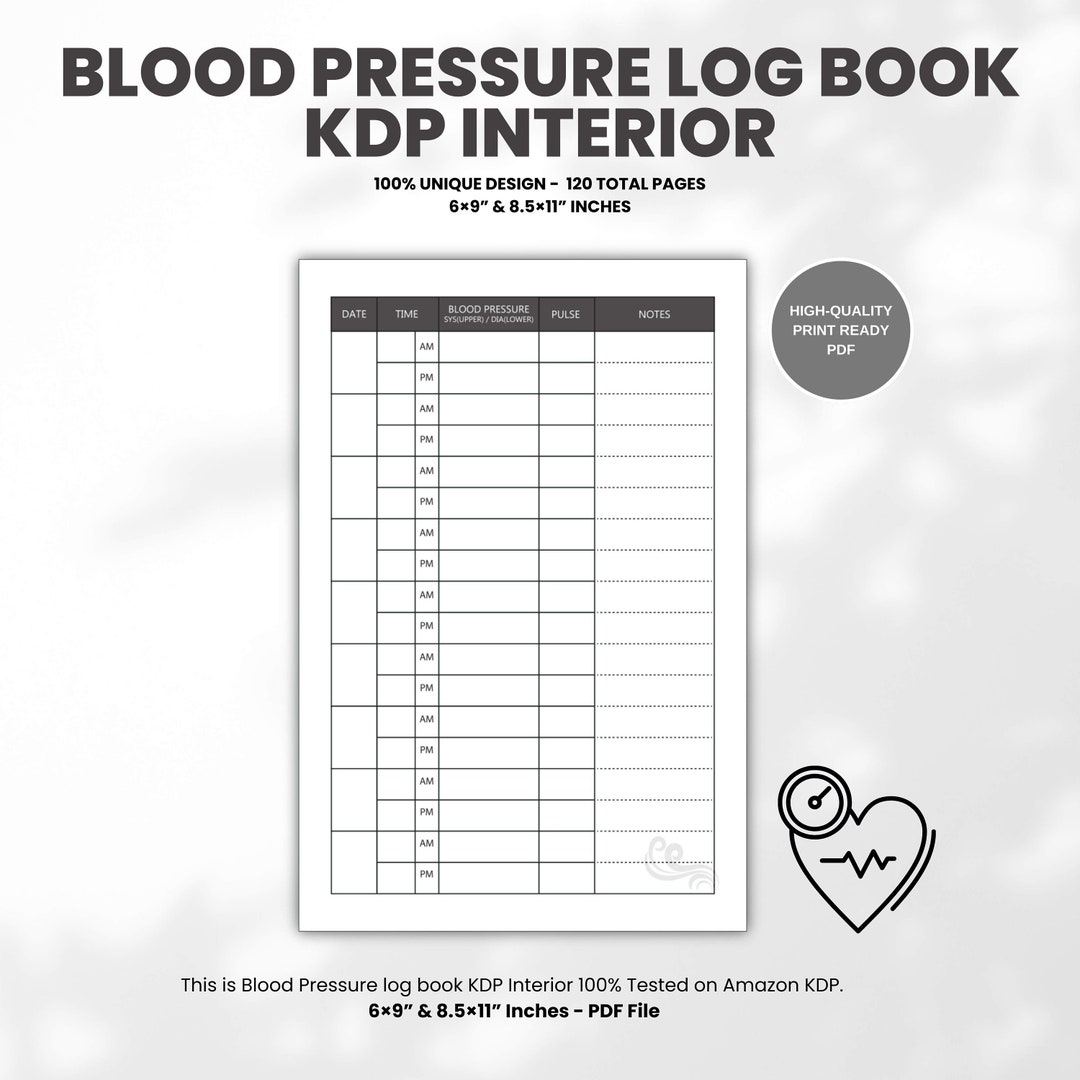Printable Blood Pressure Log Book Hypertension Tracker, Health Journal ...