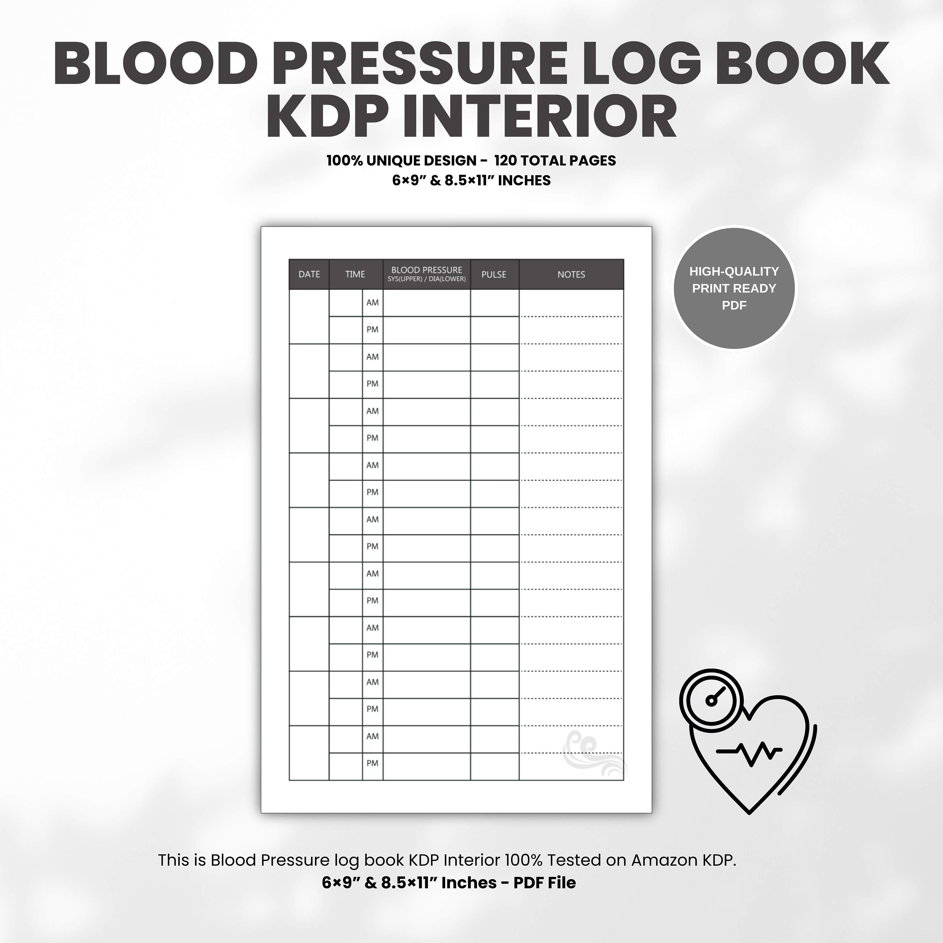 Printable Blood Pressure Log Book Hypertension Tracker, Health Journal ...