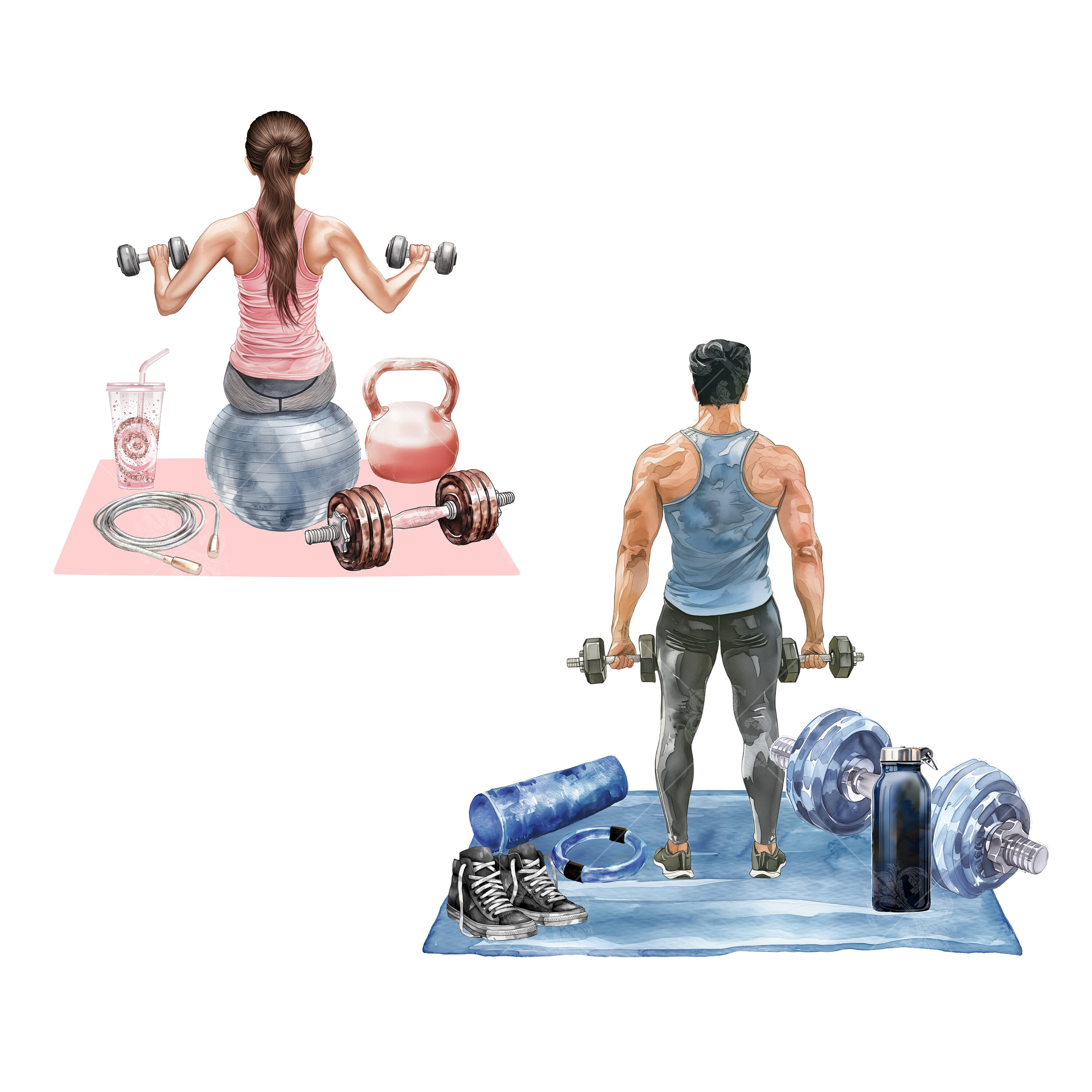 Watercolor Fitness Clipart: 50 Hand-drawn Gym Workout Illustrations ...