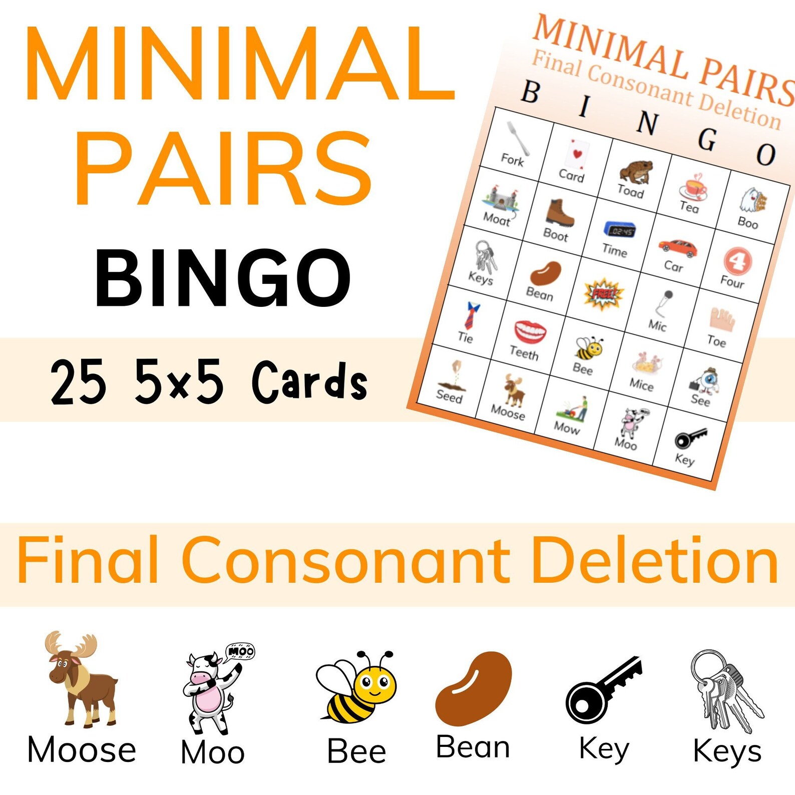 Minimal Pairs BINGO | Final Consonant Deletion | 25 Cards | Speech ...