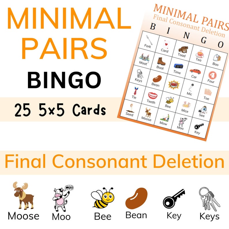 Minimal Pairs BINGO | Final Consonant Deletion | 25 Cards | Speech ...