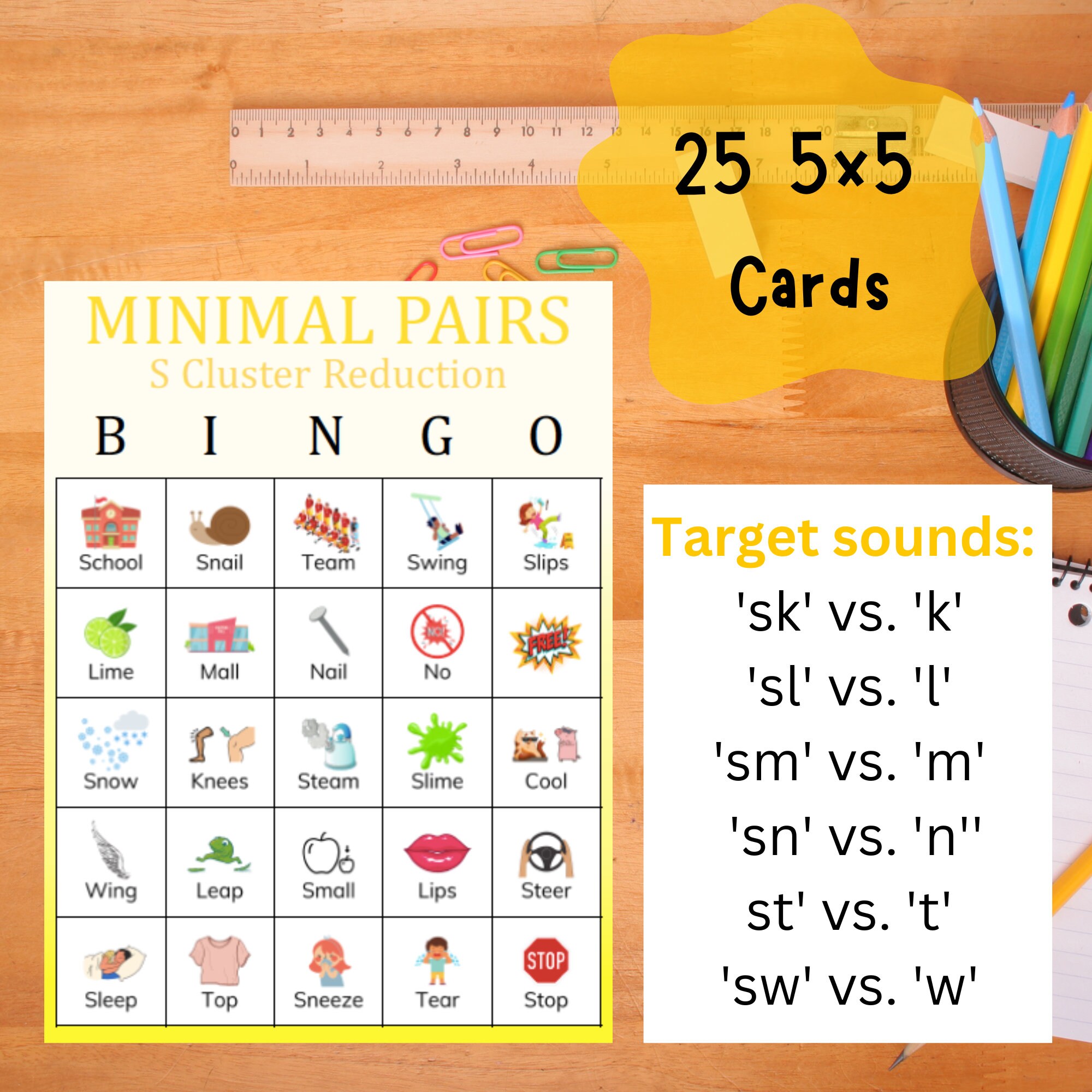 Minimal Pairs BINGO | S Cluster Reduction | 25 Cards | Speech Language ...