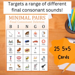 Minimal Pairs BINGO Final Consonant Deletion 25 Cards Speech Language ...