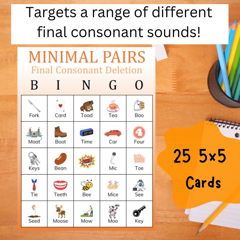 Minimal Pairs BINGO | Final Consonant Deletion | 25 Cards | Speech ...