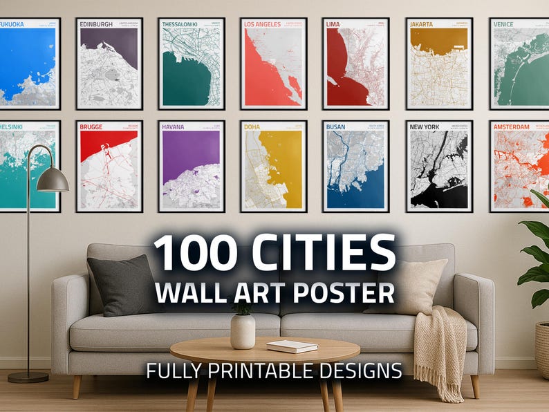 100 City Map Posters Bundle | Modern Minimal Wall Art Design ...