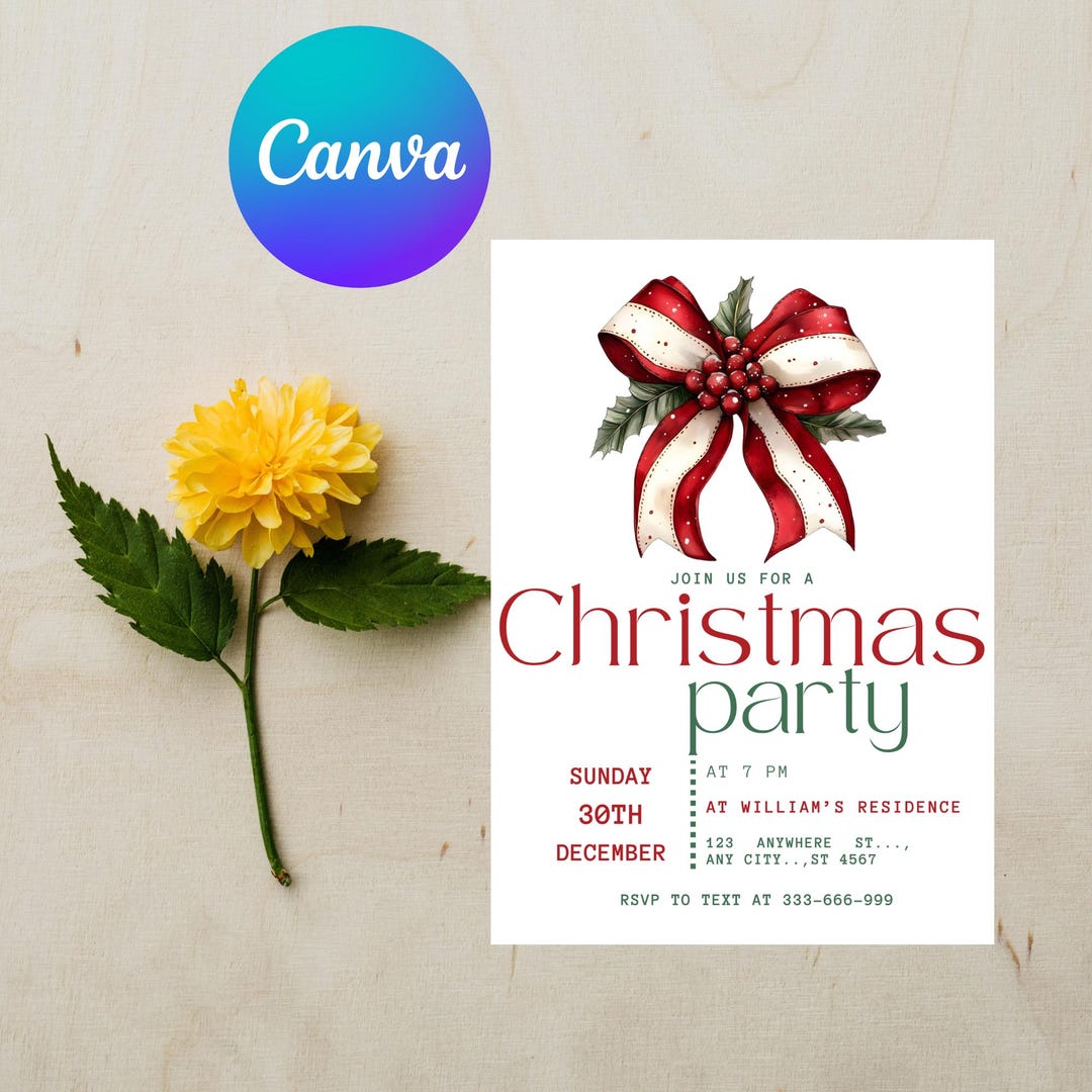 Printable Festive Bow Holiday Card, Christmas Bow Christmas Party ...