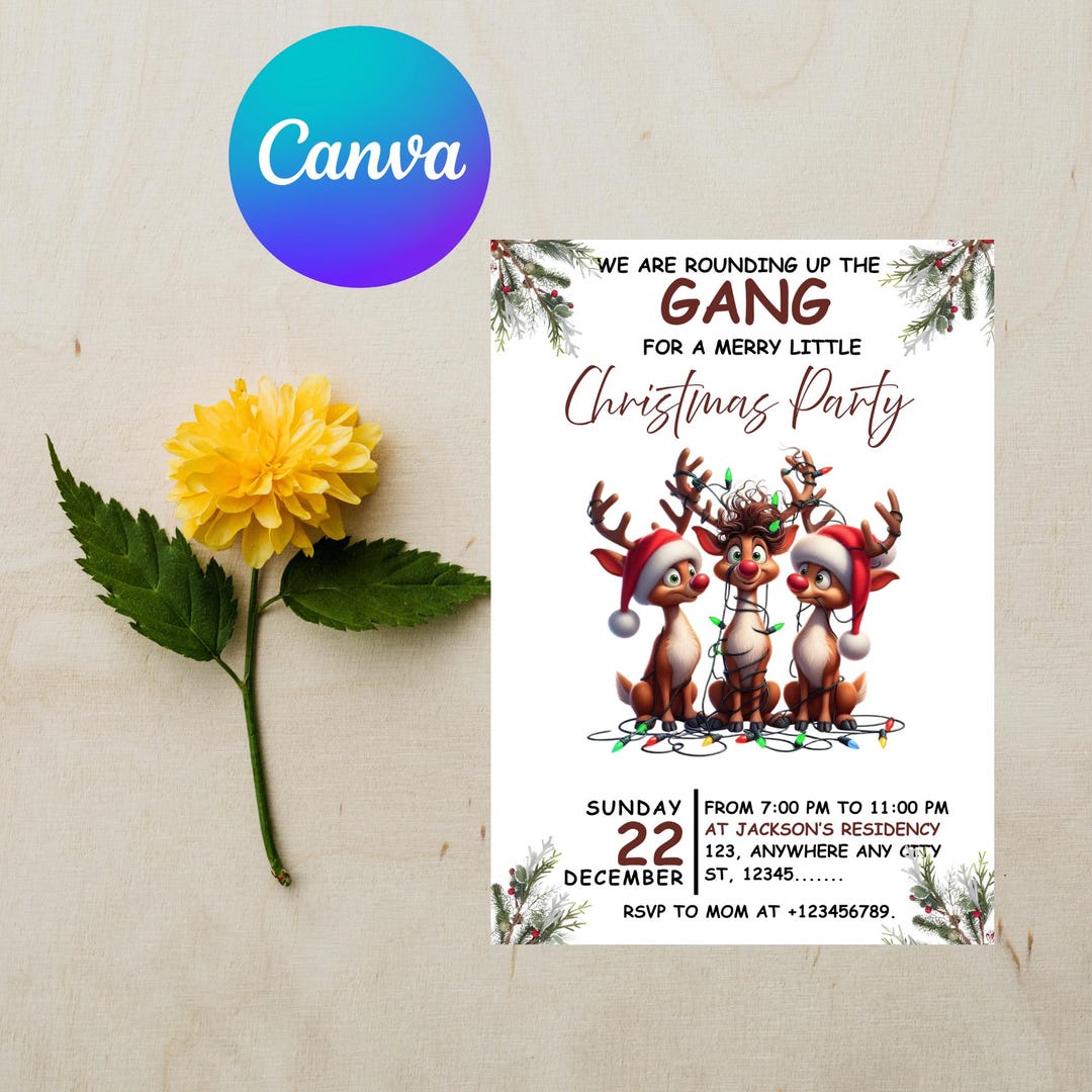 Editable Reindeer Christmas Party Invitation, We're Rounding up the ...