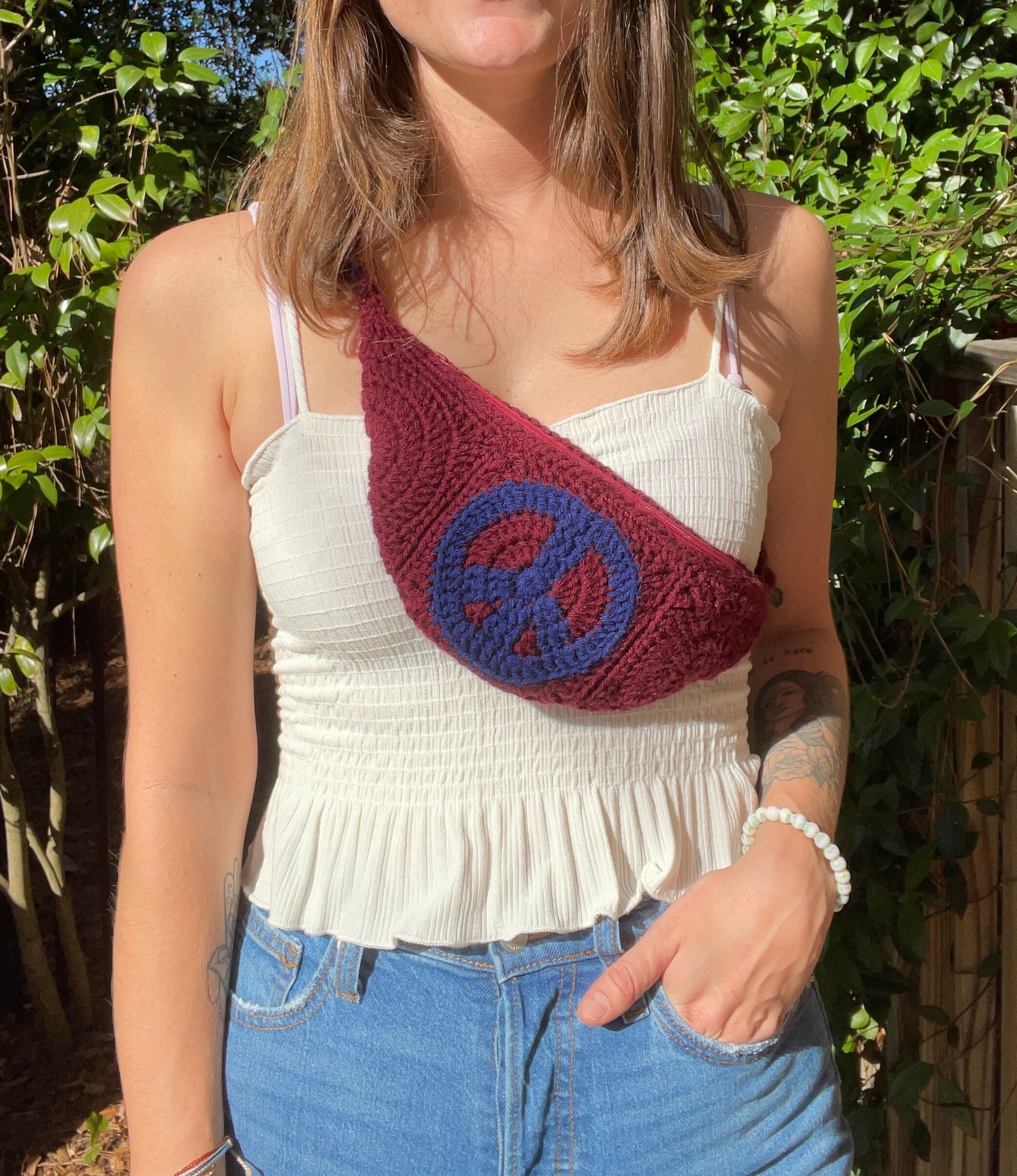 Peace Sign Maroon Crochet Crossbody Bag - Etsy