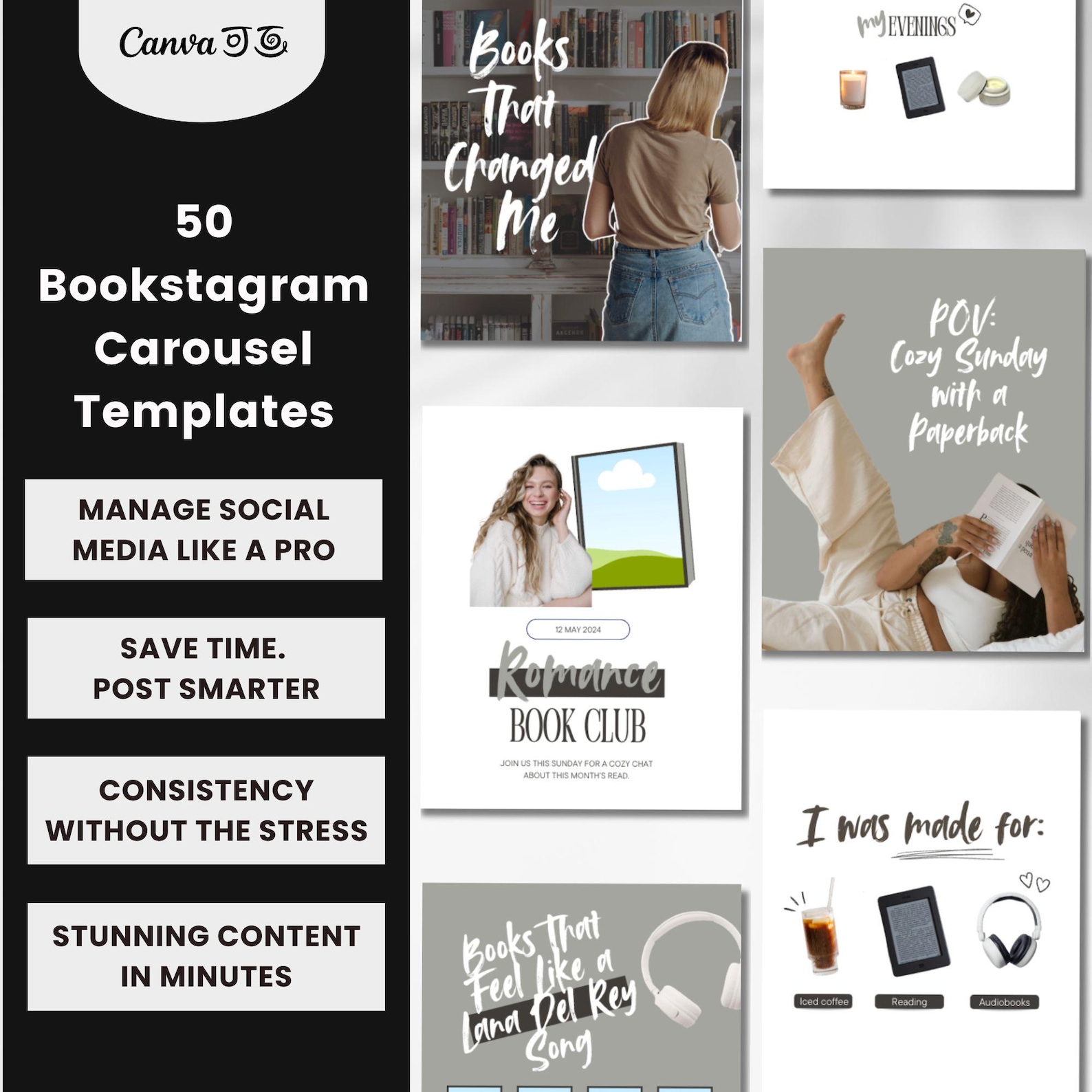 50 Bookstagram Carousel Templates | Canva Editable | Cozy Minimal ...