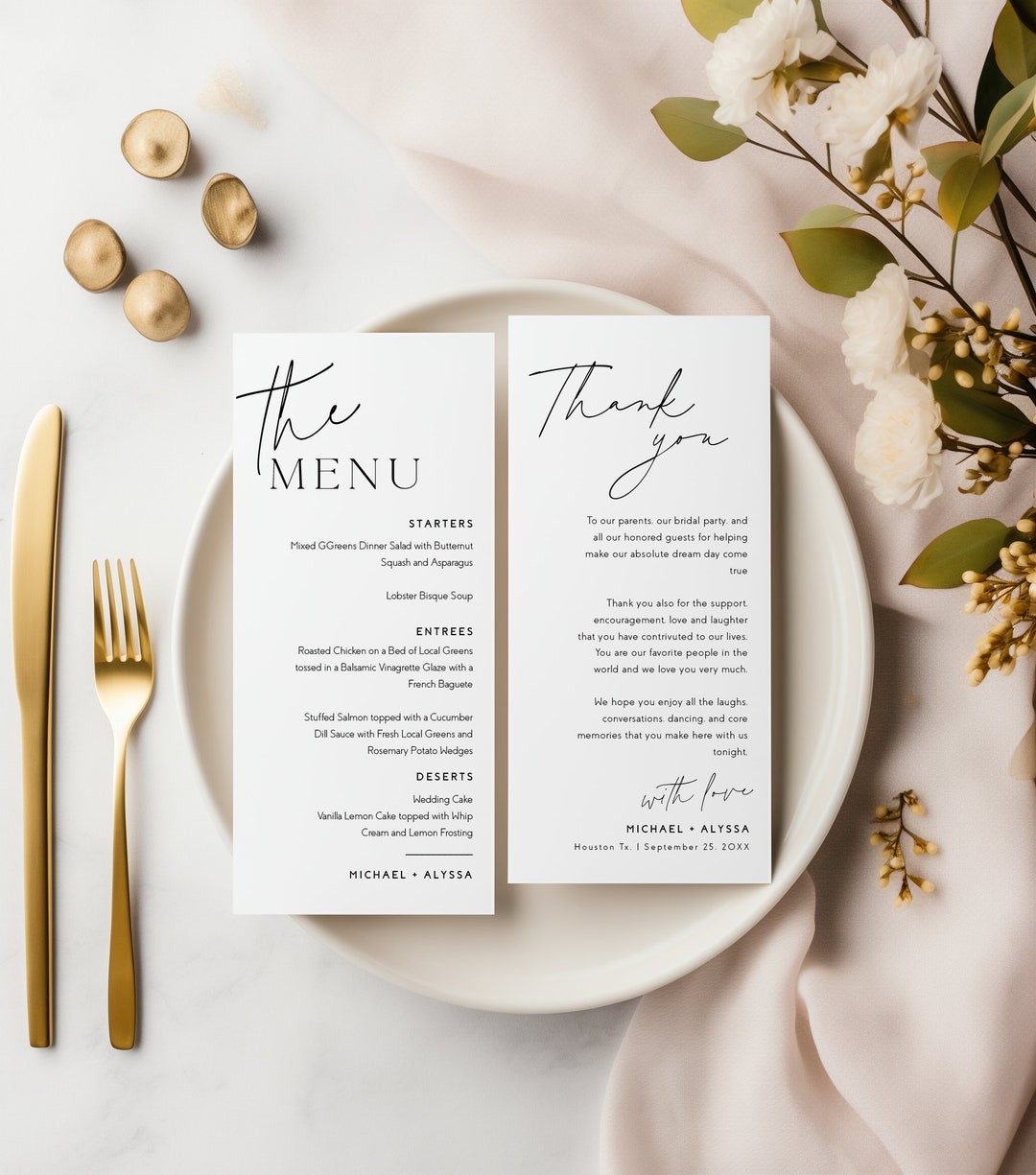 Modern Menu and Thank You Card Wedding Menu Card Napkin Note - Etsy UK