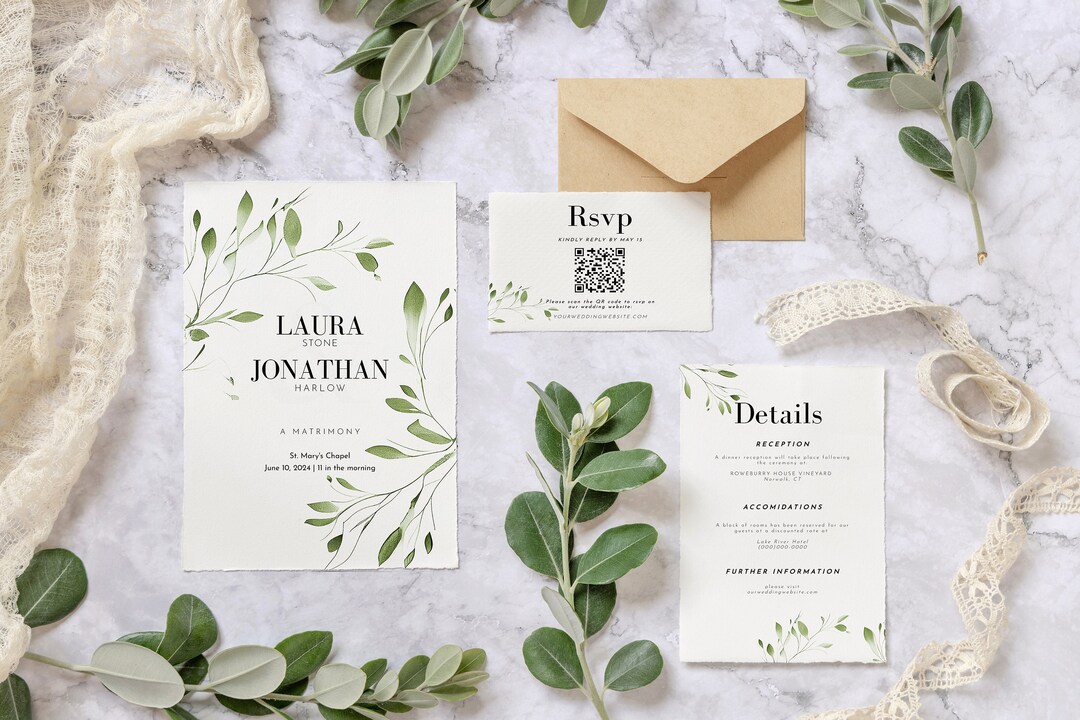 Minimal Greenery Wedding Invitation Template Set, Printable Wedding ...
