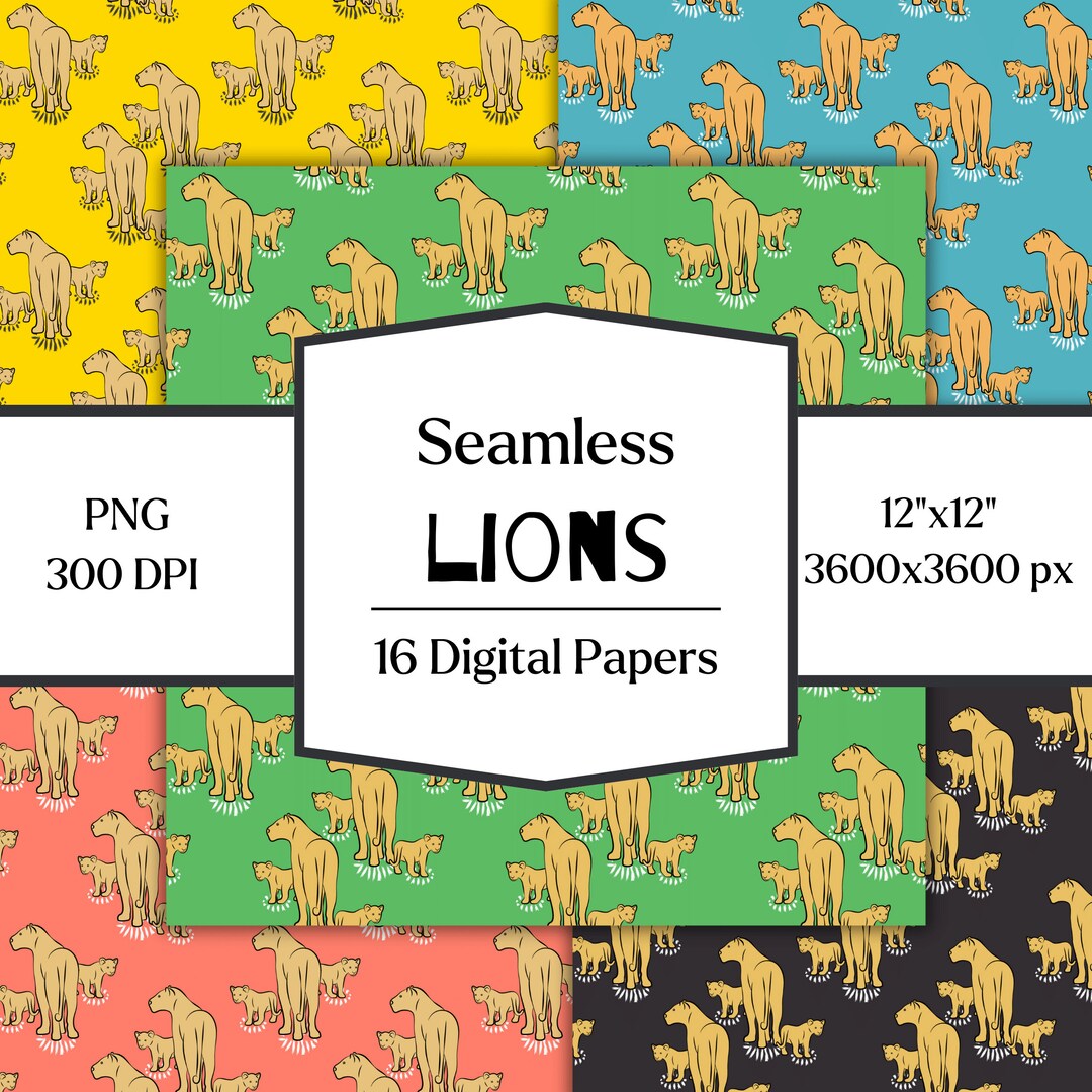 Seamless Lions Bundle Pack, Lions Digital Paper, Colorful Patterns ...