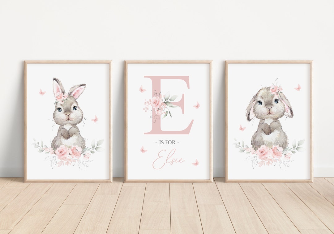 Set of 3 Personalised Pink Floral Bunny Rabbit Nursery Prints - Name ...