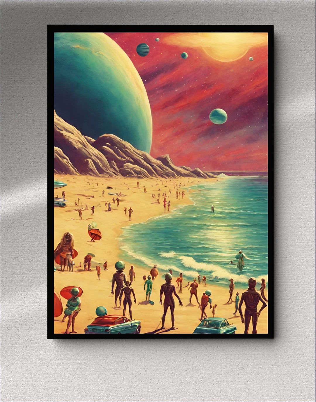 Beach Vibes, Alien Encounter Art Print Alien Beach Party Unique Artwork ...