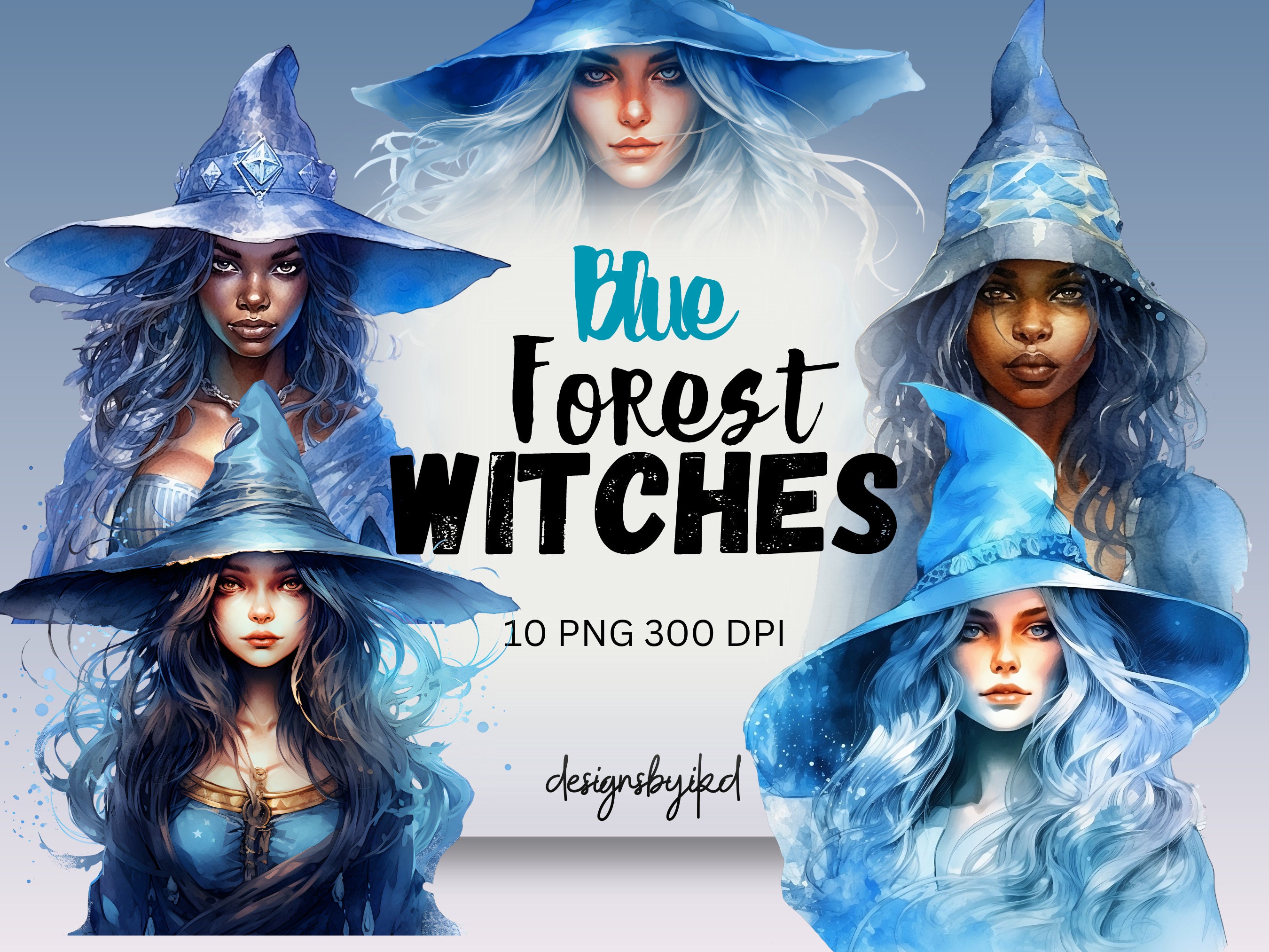 Blue Forest Witches Clipart Watercolor Magical Fantasy Digital Graphics ...