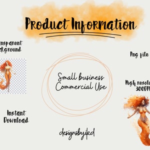 Orange Mermaid Clipart Watercolor Fantasy Underwater Digital Graphics ...