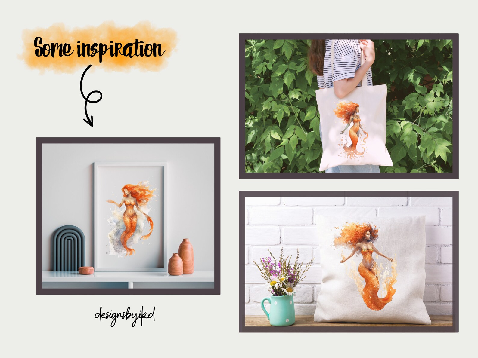 Orange Mermaid Clipart Watercolor Fantasy Underwater Digital - Etsy