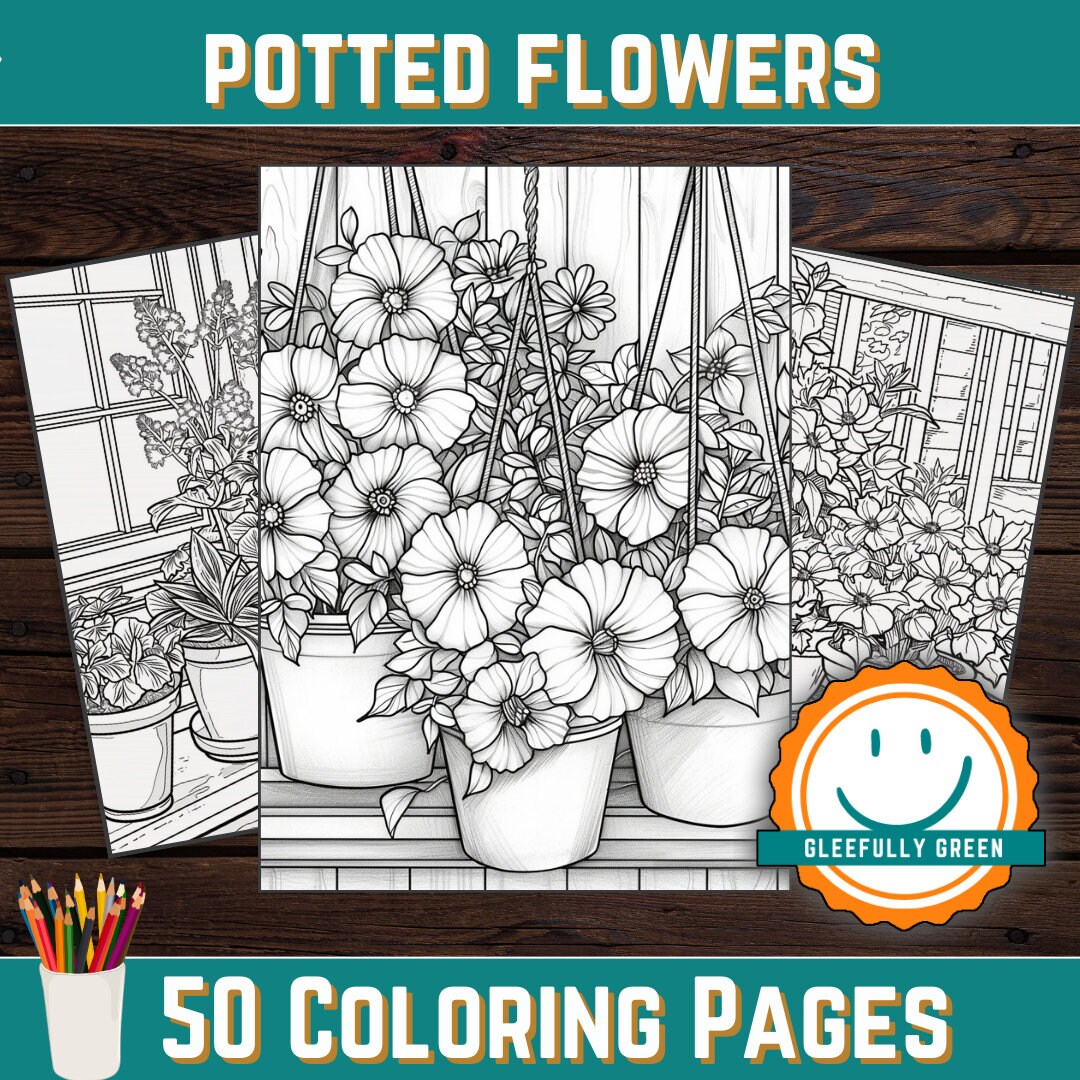 50 Printable Potted Flowers Coloring Pages for Kids and Adults Digital ...