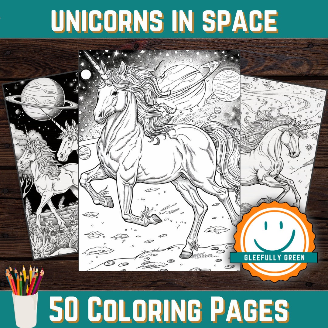 50 Unicorn in Space Coloring Page for Adults and Kids Digital Download ...