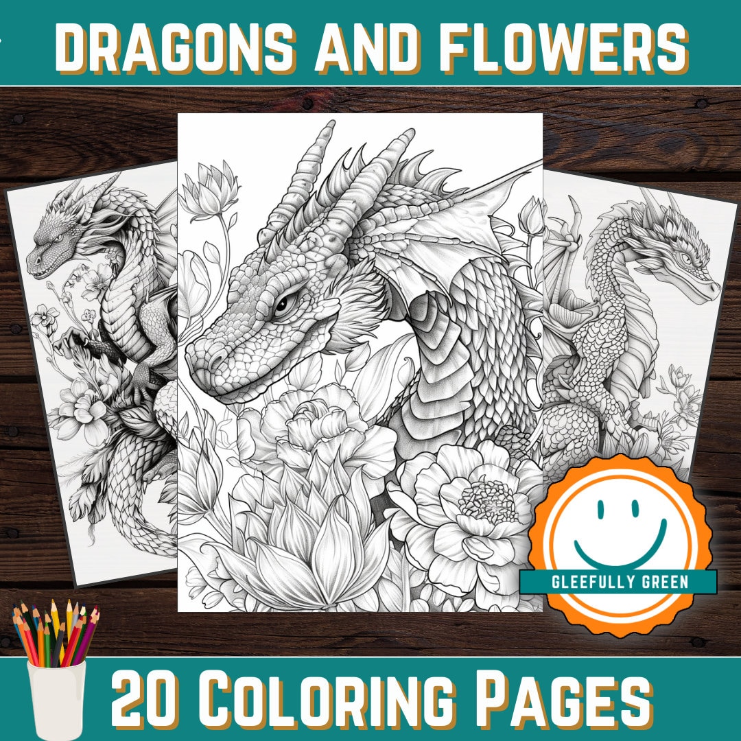 20 Flower Dragon Coloring Page for Adults and Kids, Digital Download ...