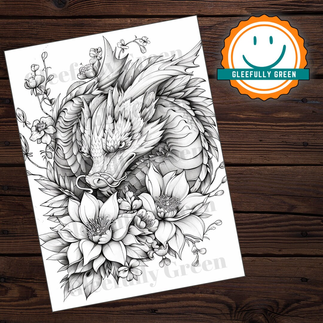 20 Flower Dragon Coloring Page for Adults and Kids, Digital Download ...