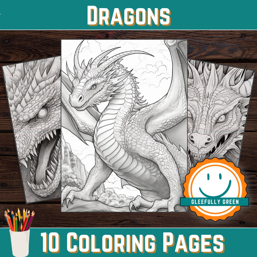 10 Printable Dragon Coloring Pages for Kids and Adults Digital Download ...