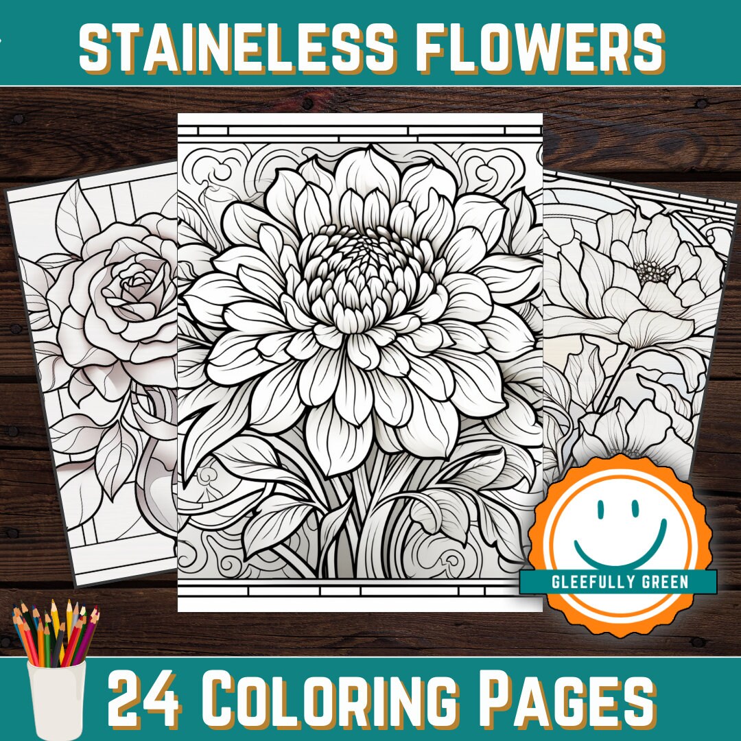 24 Stained Glass Flowers Coloring Pages for Adults and Kids Digital ...