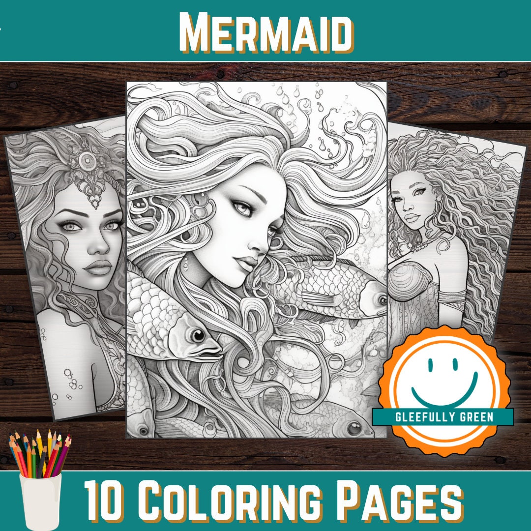 10 Beautiful Mermaid Coloring Pages for Kids and Adults Digital ...