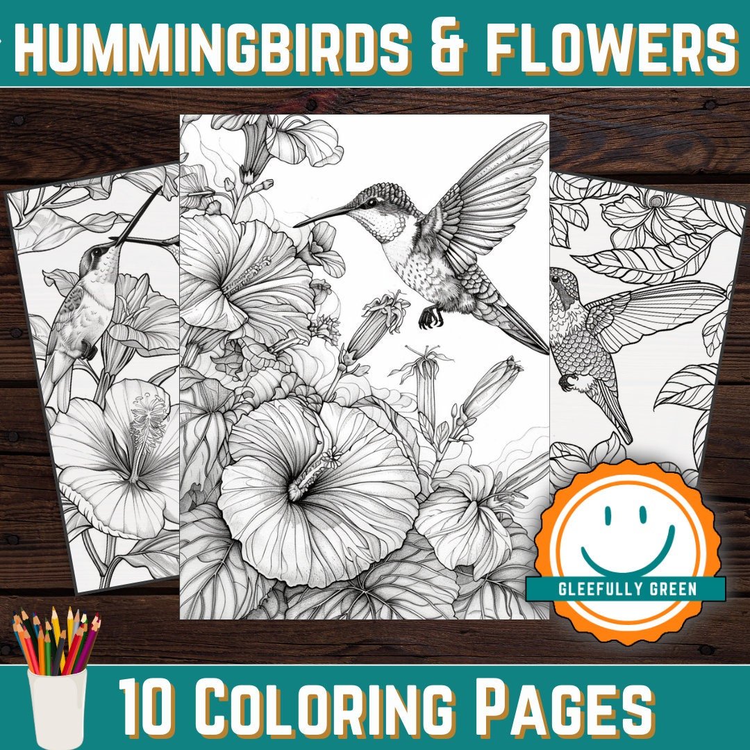 10 Hummingbird and Flowers Coloring Pages for Adults and Kids Digital ...