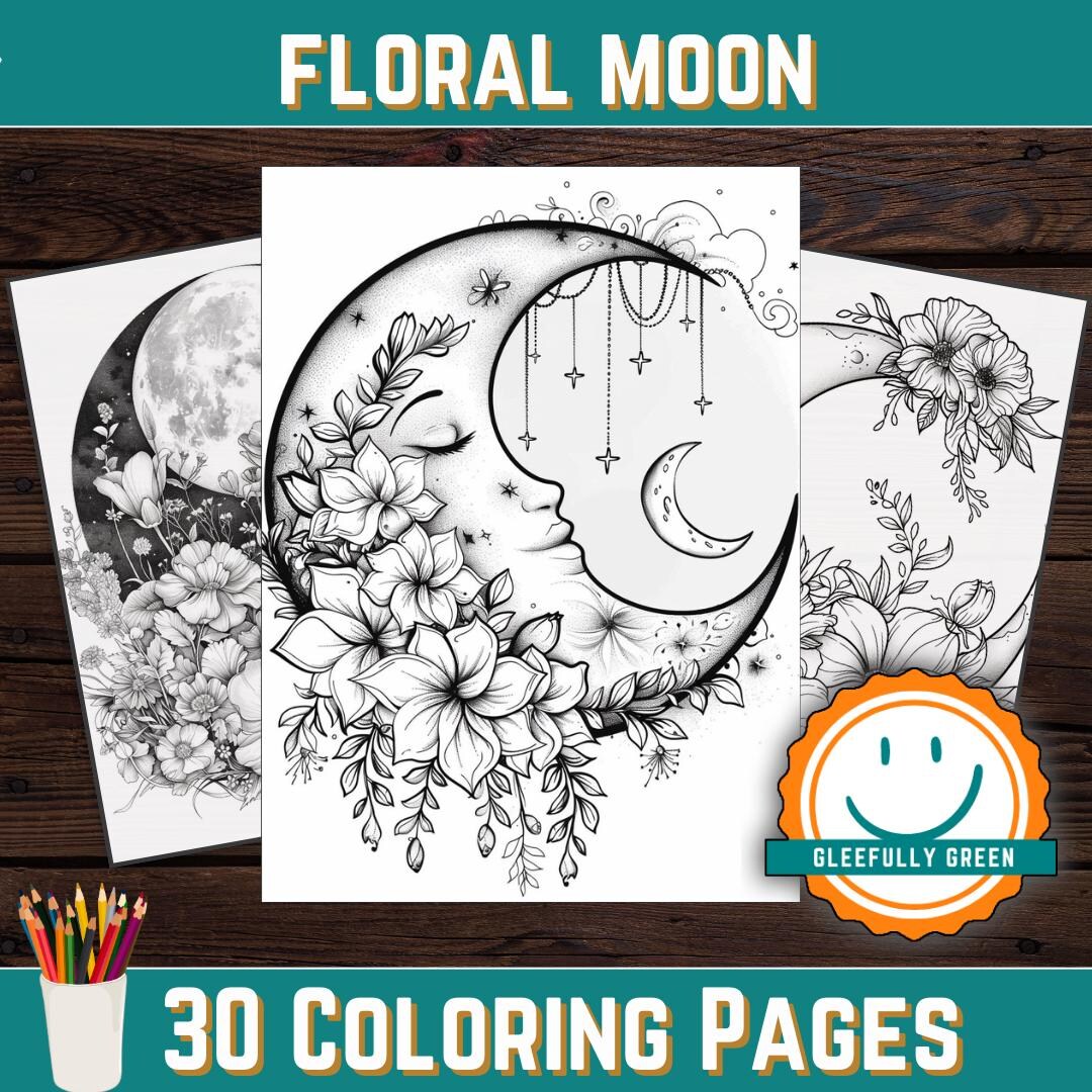 30 Floral Moon Coloring Pages for Adults and Kids Digital Download ...
