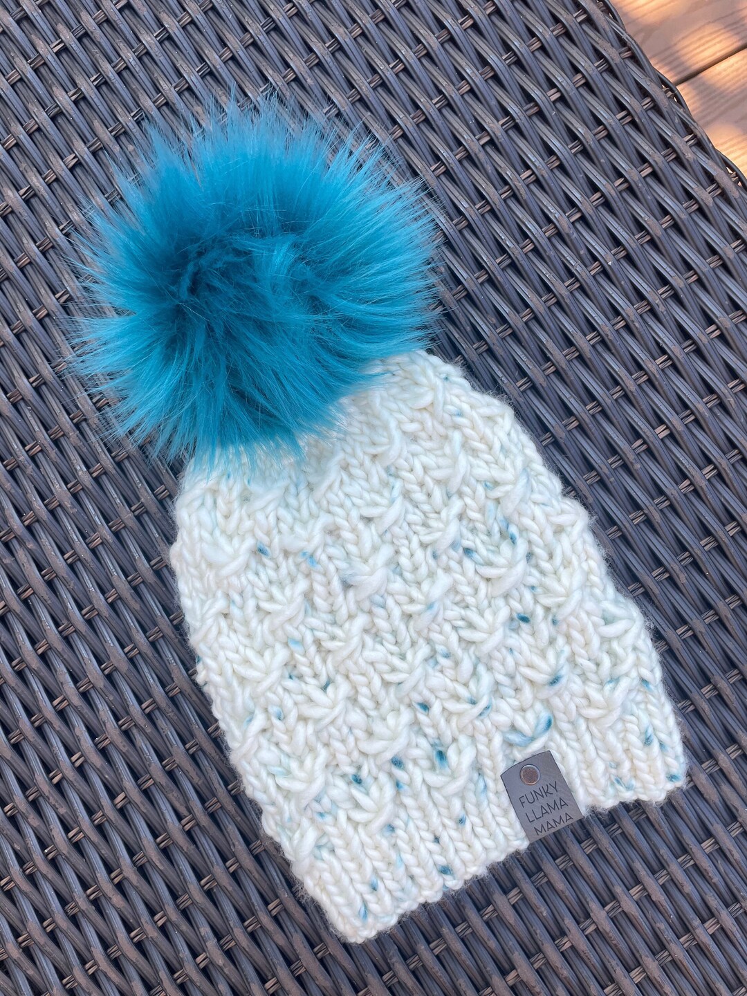 Luxury Hand Knit 100% Merino Wool Beanie Toque White & Teal With ...