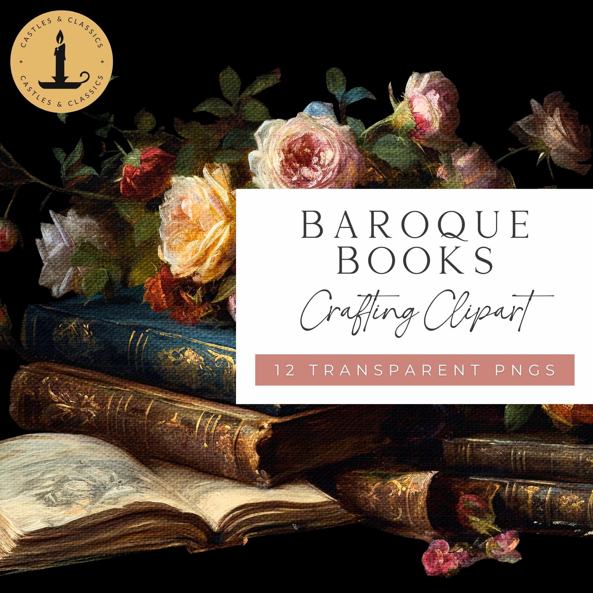 Baroque Books Clipart Literary Ephemera Bundle Flowers Book Dark ...