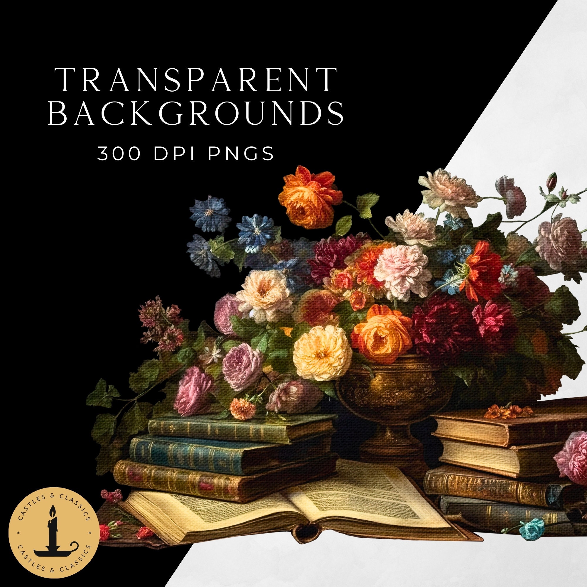 Baroque Books Clipart Literary Ephemera Bundle Flowers Book Dark ...