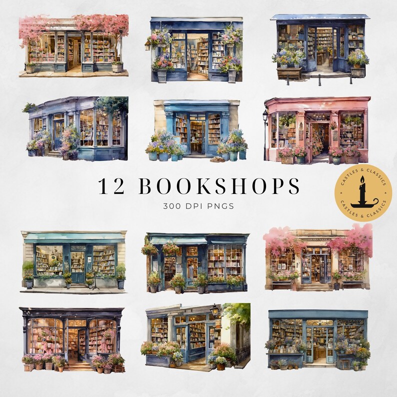 Watercolor Bookshops Commercial Clipart Blue Bookshop Pink Vintage ...