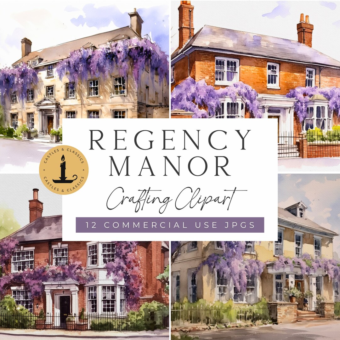 REGENCY MANOR Houses Wisteria Clipart Watercolor JPG Flowers Georgian ...
