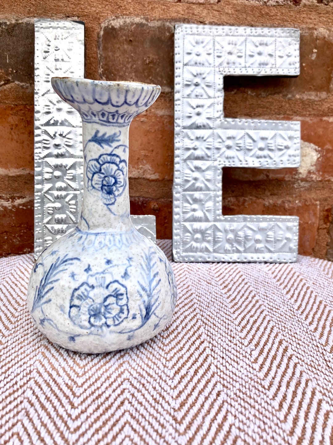 Vintage Studio Pottery Vase, Delftware Style, Blue White Rustic Floral ...