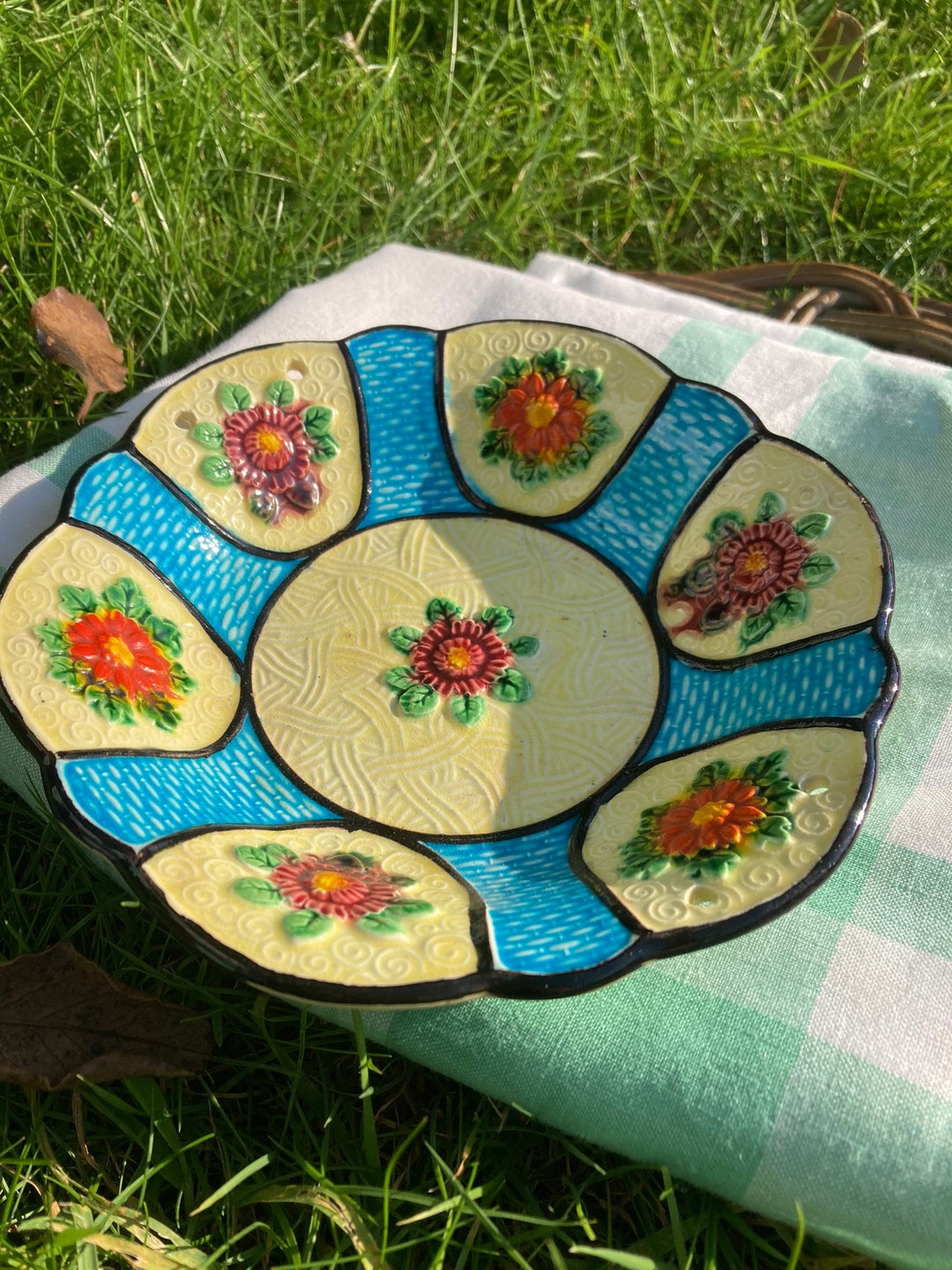 Vintage Blue and Yellow Marutomo Ware Made in Japan Dish With Flower ...