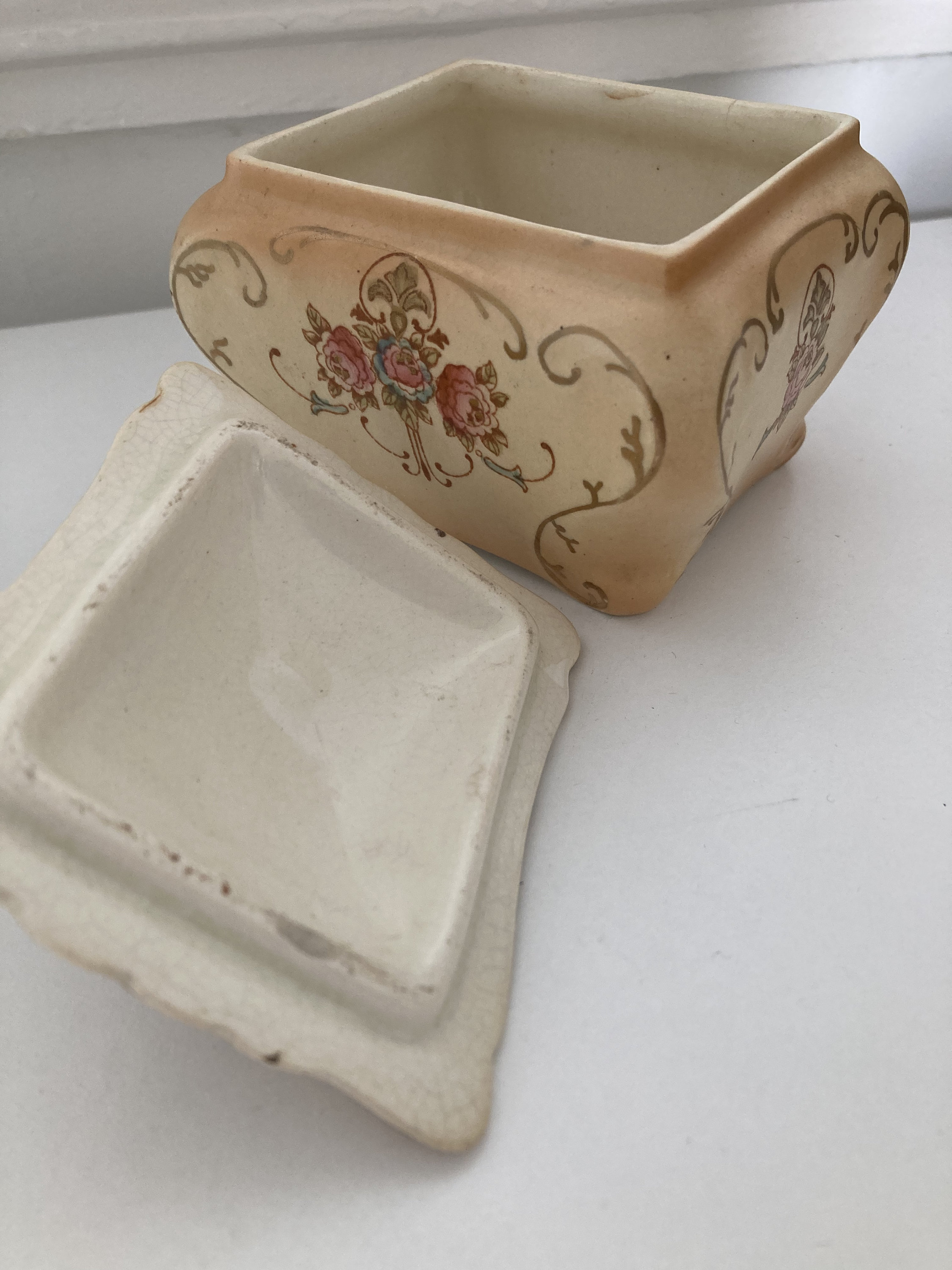 Antique Porcelain Floral Trinket Box, Lidded Dish, Peach Floral, Marked ...