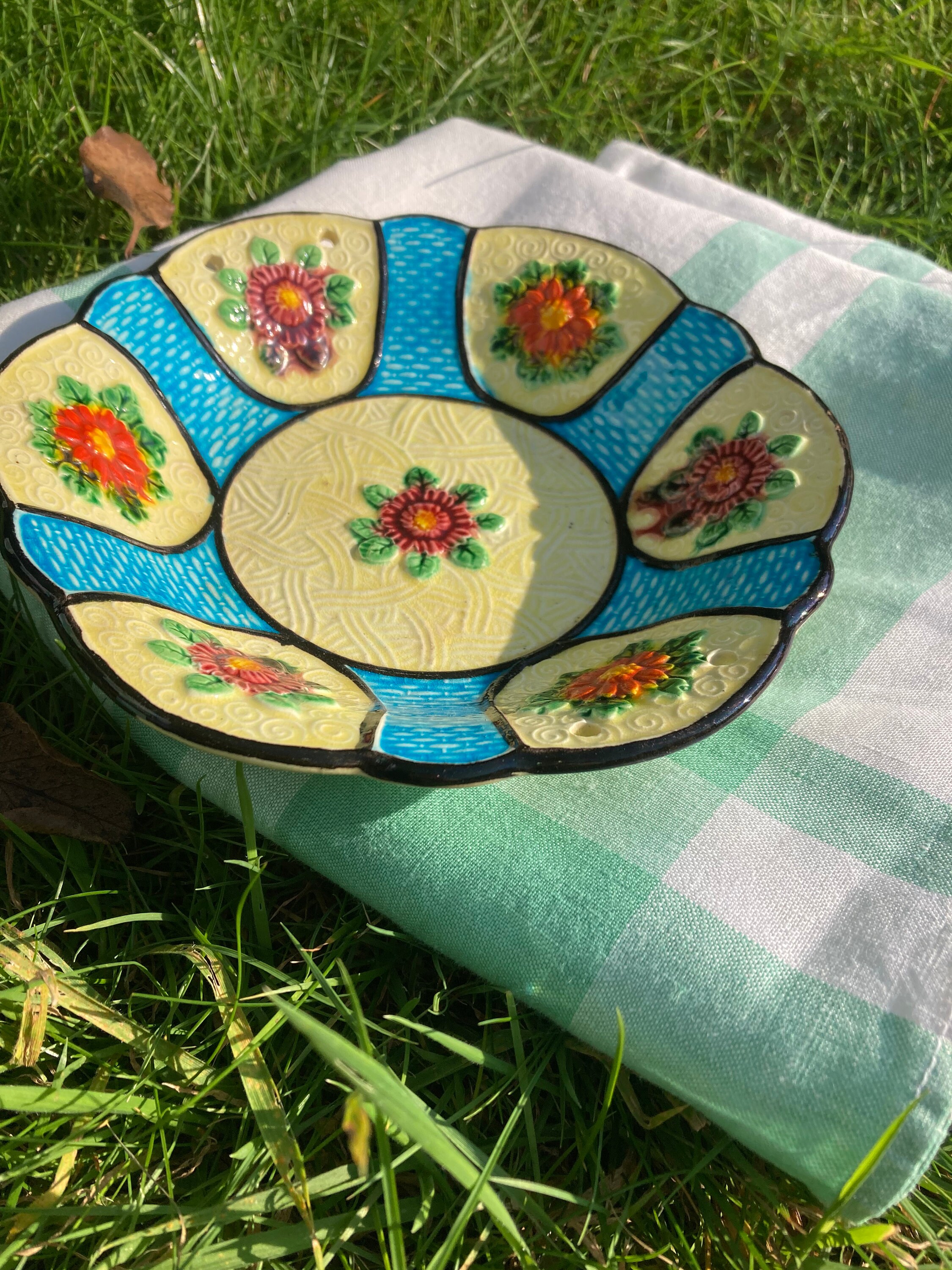 Vintage Blue and Yellow Marutomo Ware Made in Japan Dish With Flower ...
