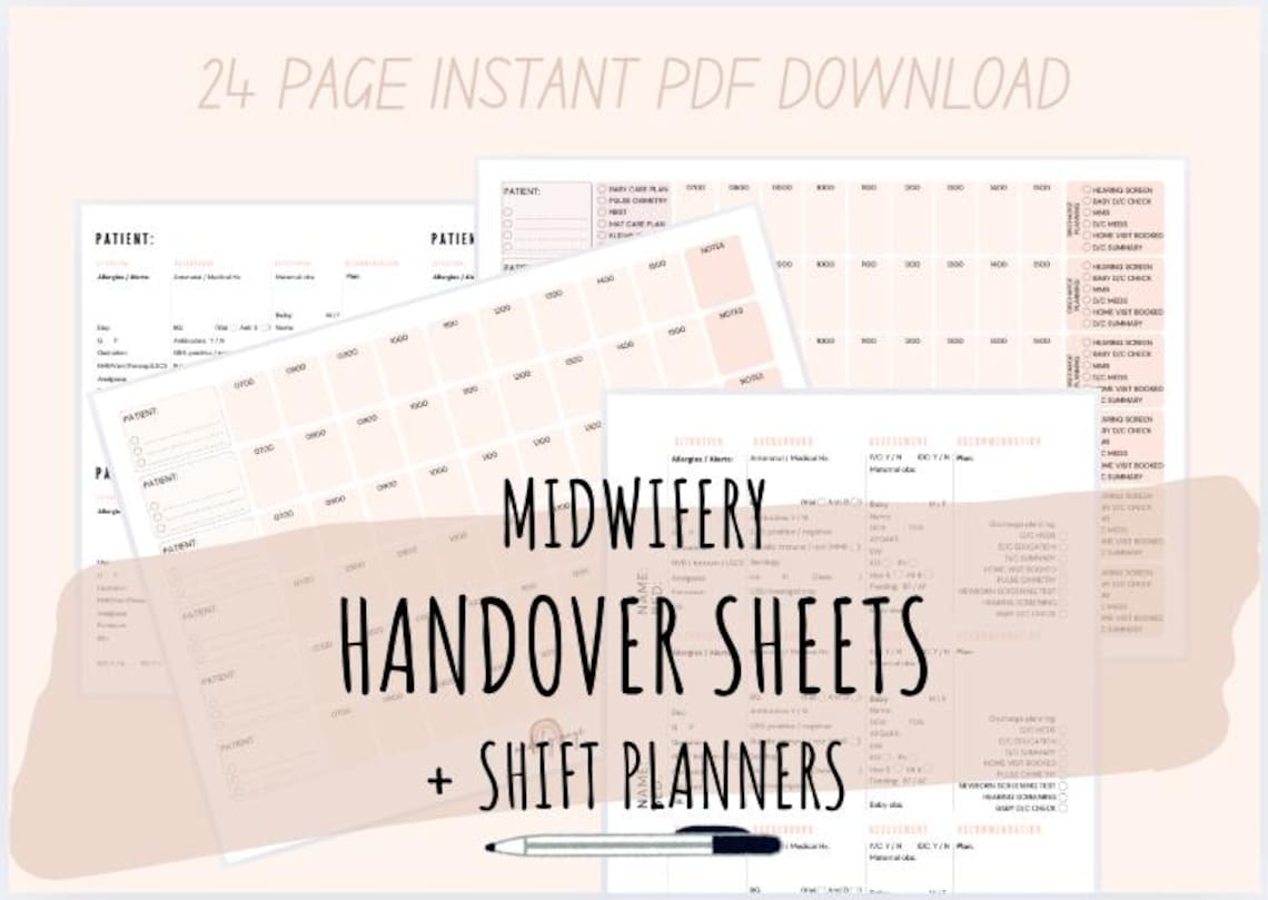 Nurse/midwife Shift Planners, Handover/report Sheets, 24 Pg Instant ...
