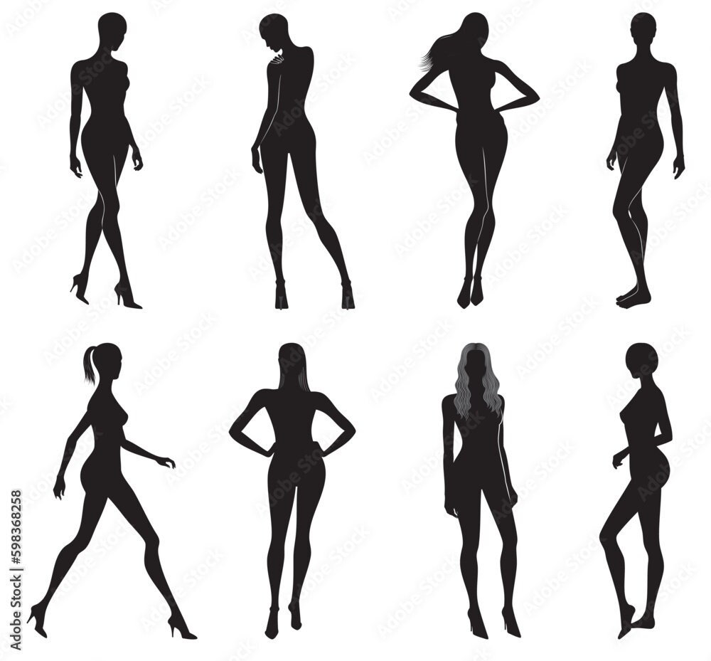 Posing Girls Stencil Bundle SVG. Female Human Figure Template Clip Art ...