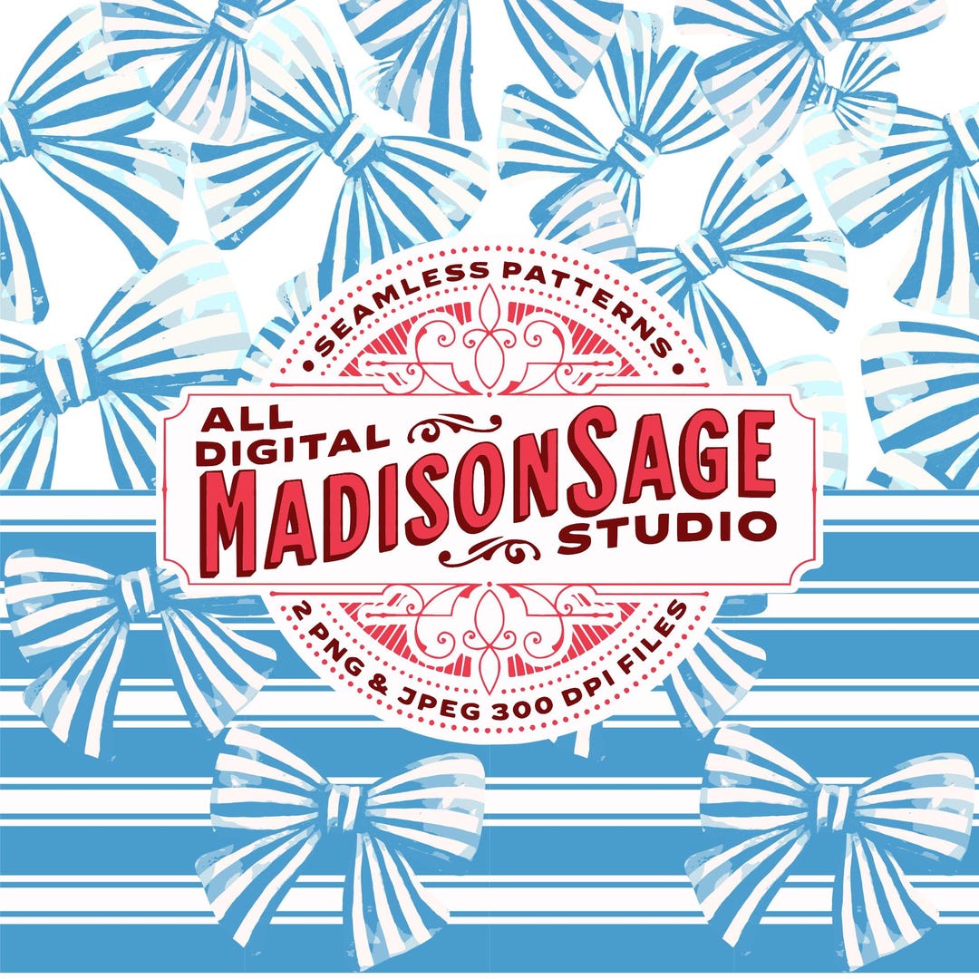 Blue Coquette Watercolor Bow & Stripe Seamless Pattern Set Digital ...